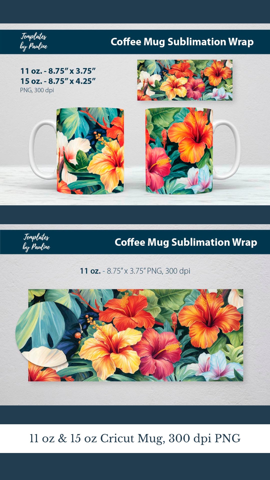 Tropical Flower Coffee Mug Wrap for 11 oz Mug Sublimation