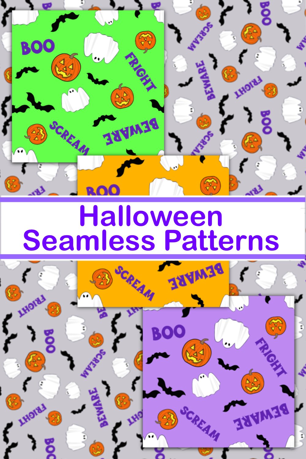 Halloween Seamless Pattern Set, Pumpkins, Ghosts and Bats