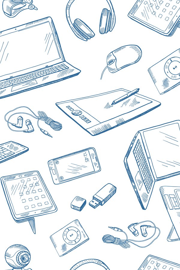 Different computer devices in hand drawn style. Vector seaml