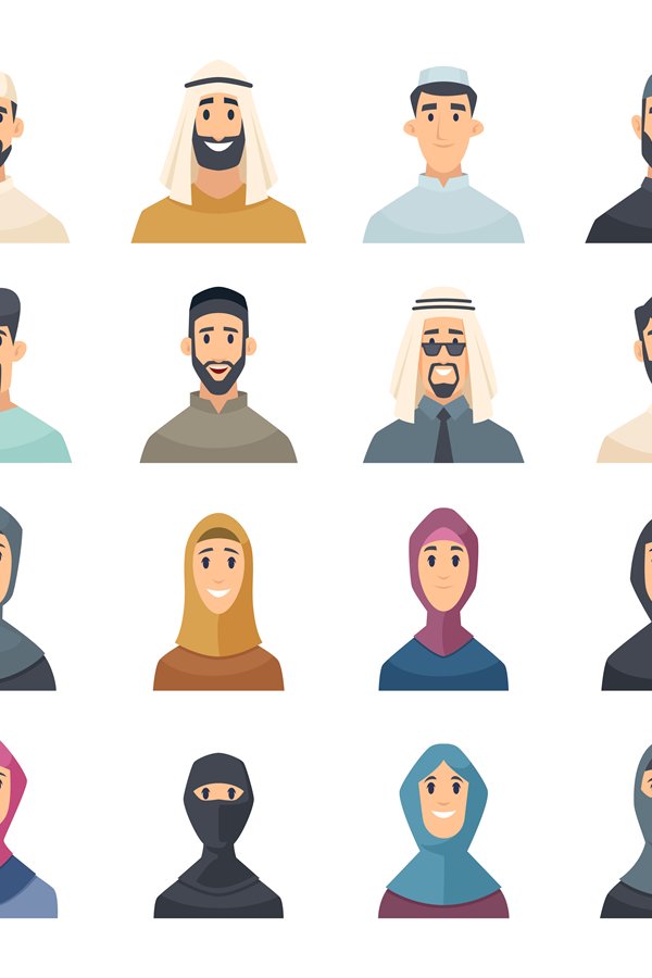 Arabic faces. Avatars muslim characters portraits of arabic