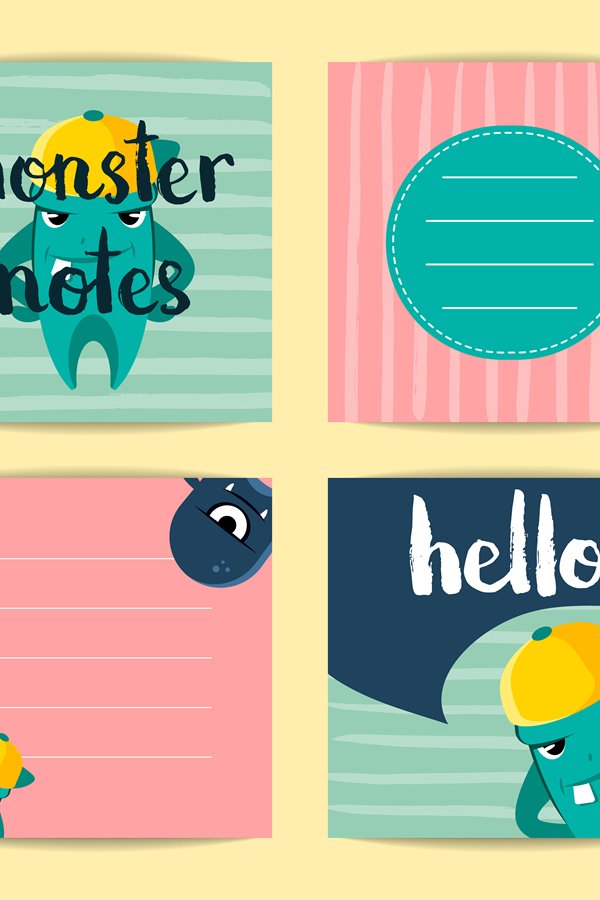 Vector square note cards with cute cartoon monsters on strip
