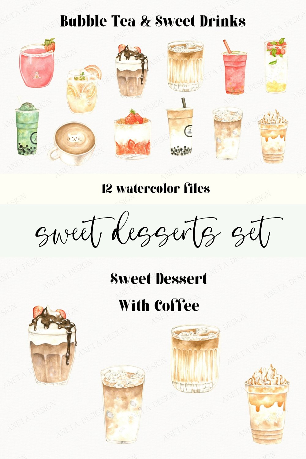 Watercolor Bubble Tea Illustrations, Ice Coffee Clipart