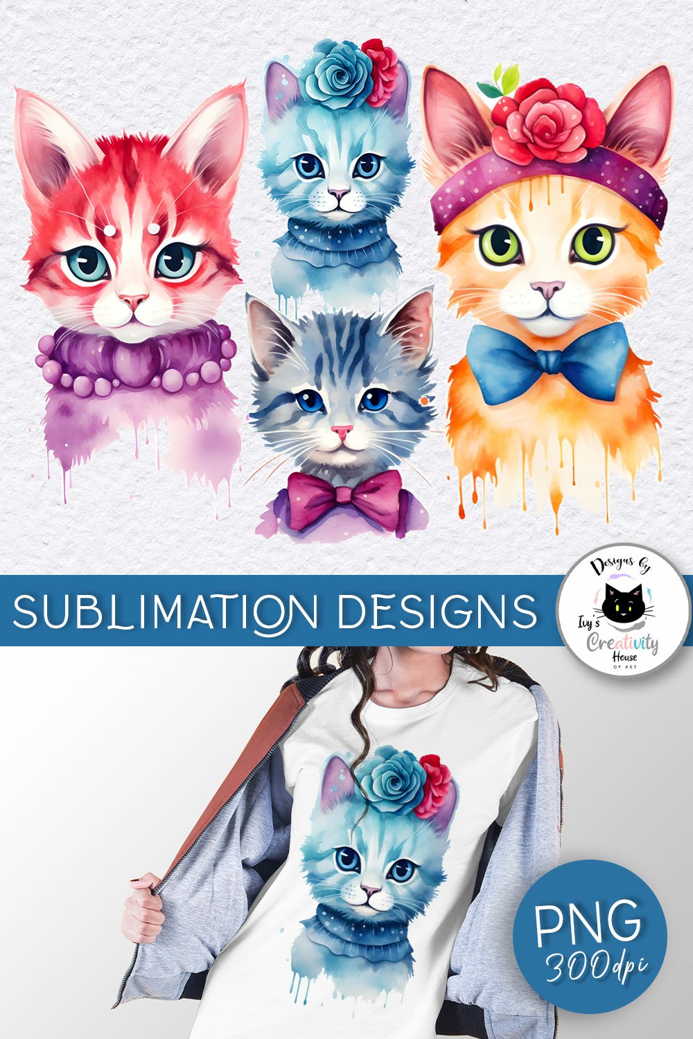 Funny Dressed Cats PNG Designs | Watercolor Cat Clipart