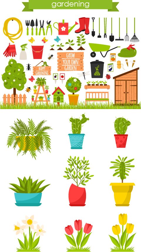 Gardening design elements EPS. Vector garden collection