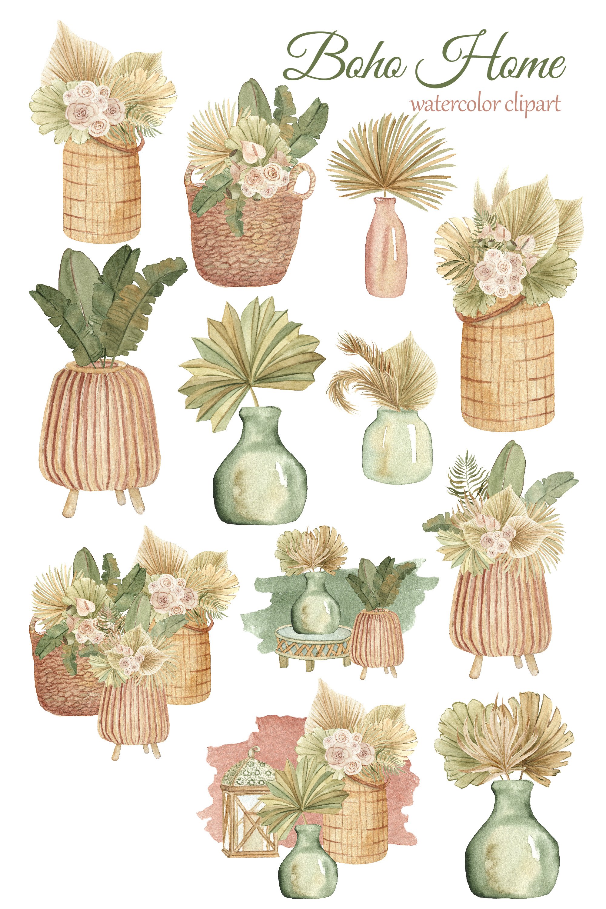 Boho indoor plants watercolor clipart. Dried (730632)