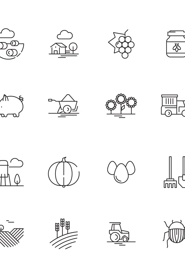 Farm symbols. Rural field landscape agricultural objects mil