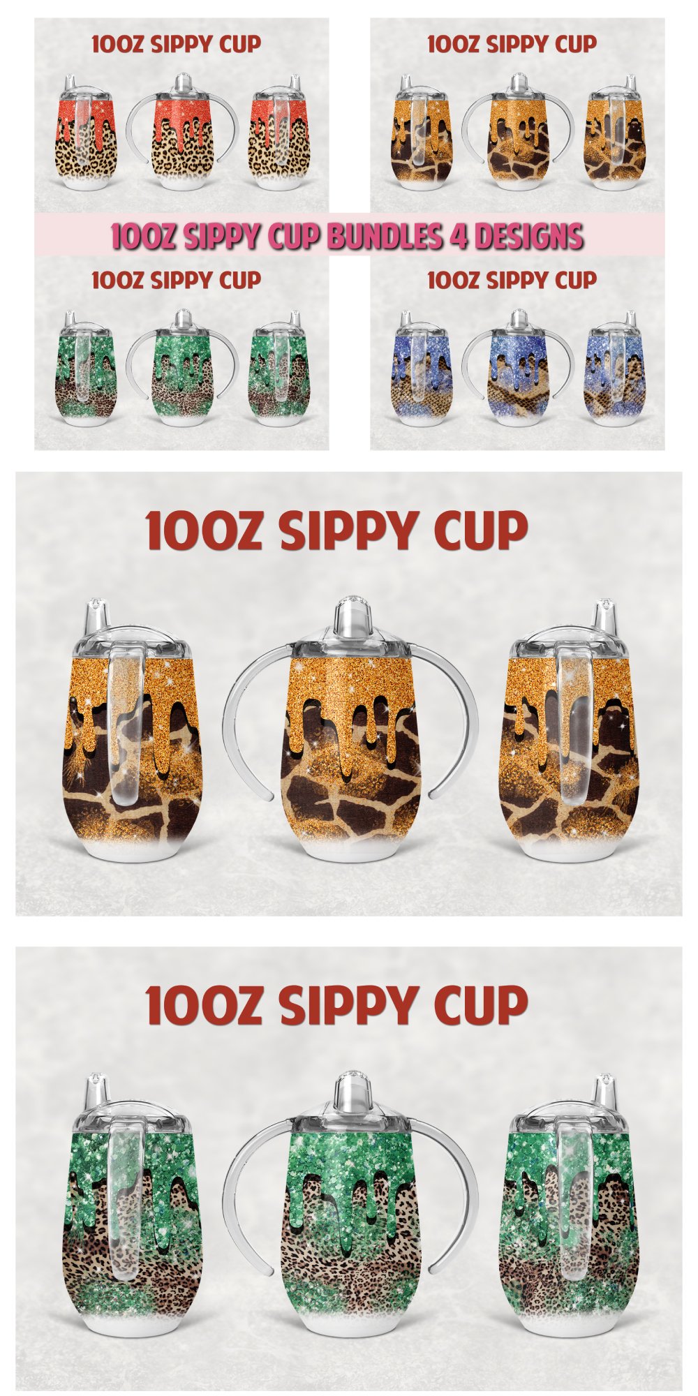 Leopard Print Glitter 10oz Sippy Cup Bundles 4 Designs