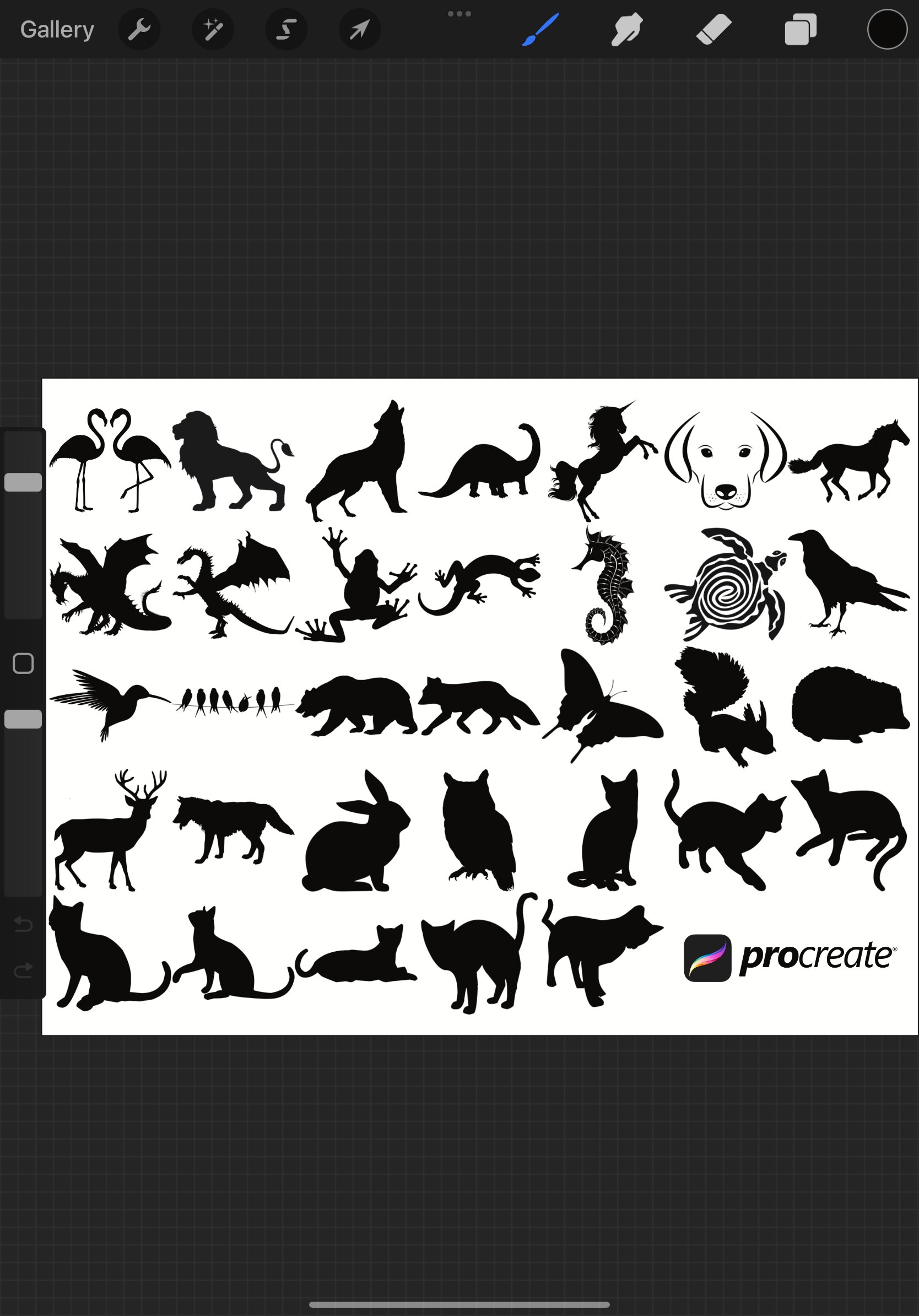 Animals Silhouette Procreate Brush Stamps Set 1, 33 Animals