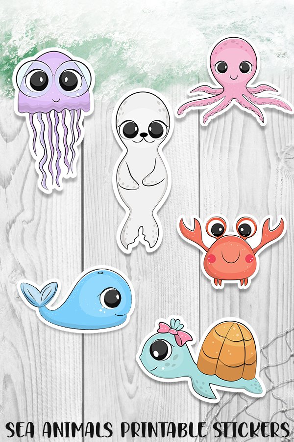 Sea animals printable stickers. PNG, JPG, EPS.