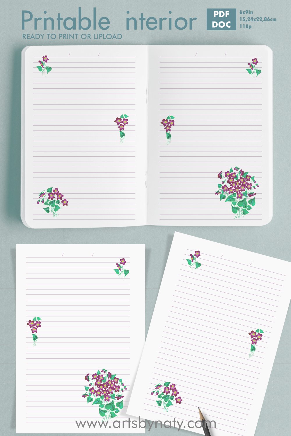 Violet flowers - printable KDP journal.