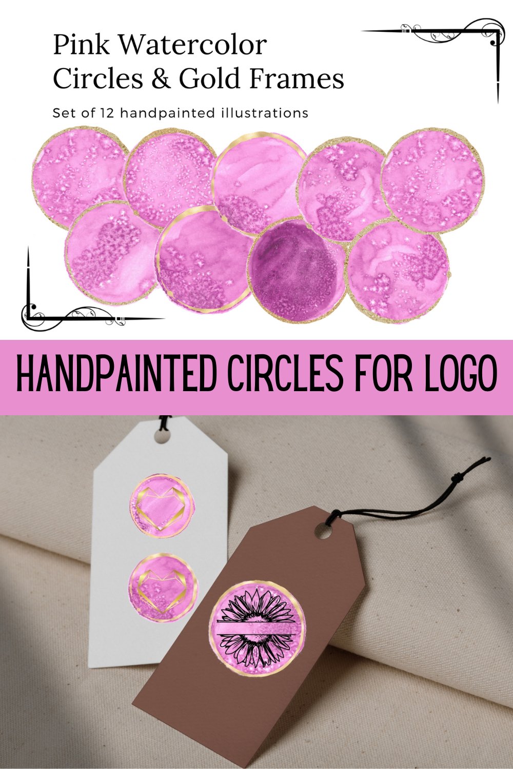 12 Pink Watercolor Circles with Gold Frames (2509131)