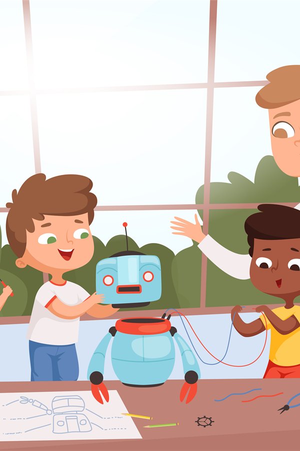 Kids with teacher robot programming. Future education proces