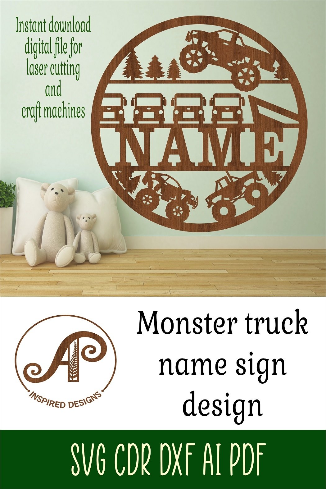 Monster truck name sign svg laser cut template (2628504)