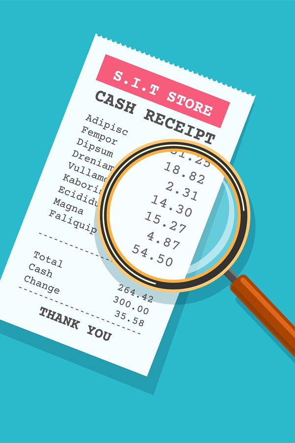 Paper receipt with magnifying glass