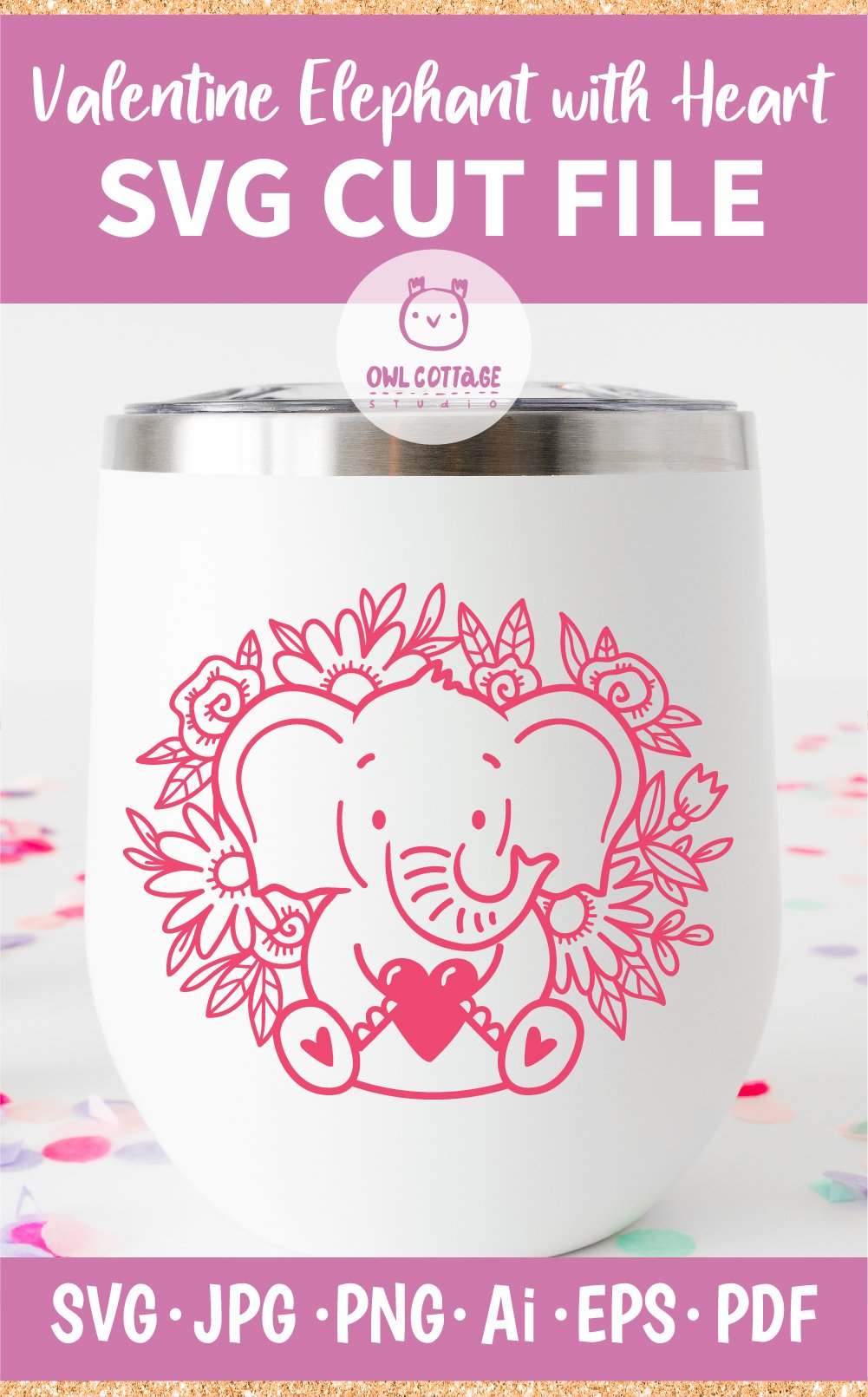 Valentine Baby Elephant with Heart and Flowers SVG Cut File
