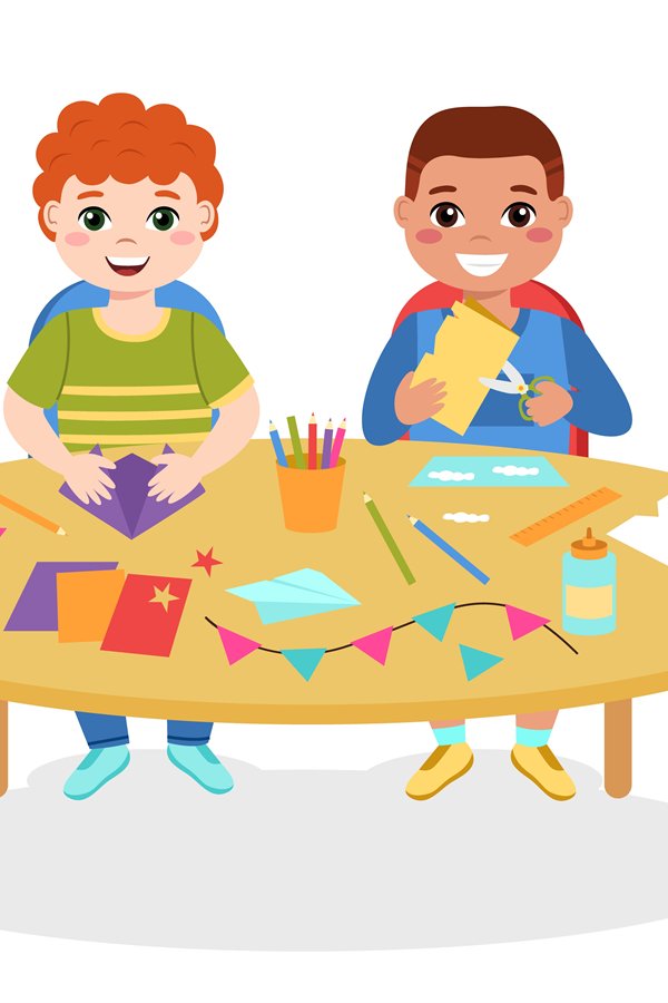 Kids paper craft. Boys and girls cut colored paper figures a