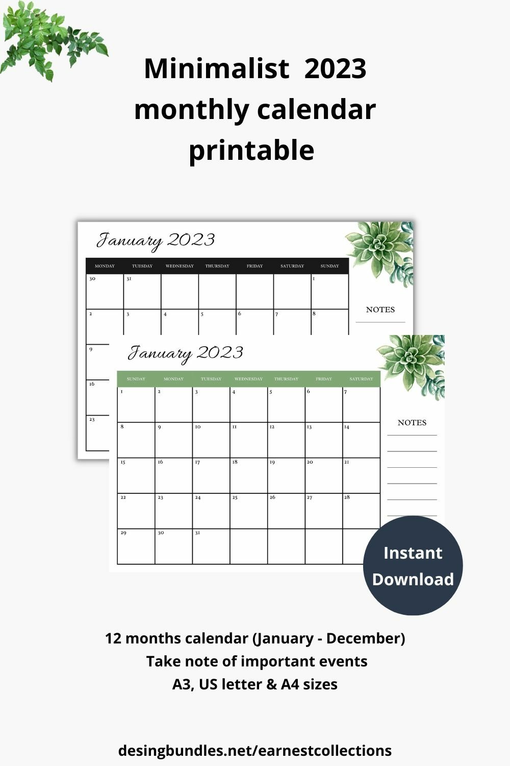 Minimalist 2023 monthly calendar printable pdf
