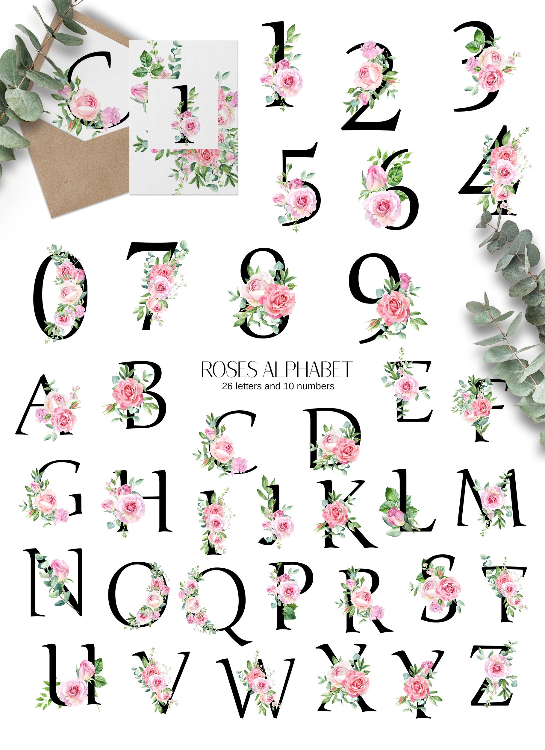 Blush Pink Floral Alphabet, Numbers | PNG