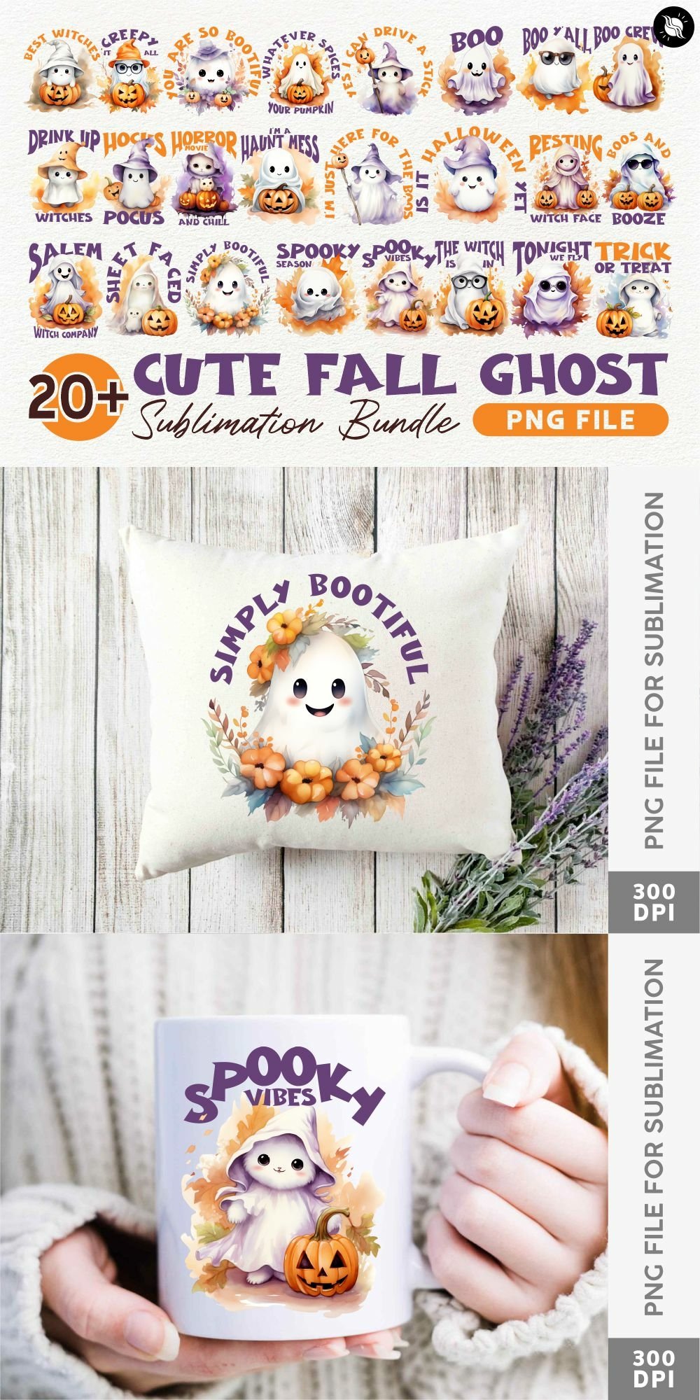 Cute Fall Halloween Ghost Sublimation Designs Bundle