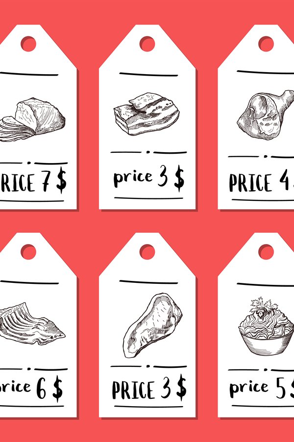 Vector tags with hand drawn monochrome meat elements