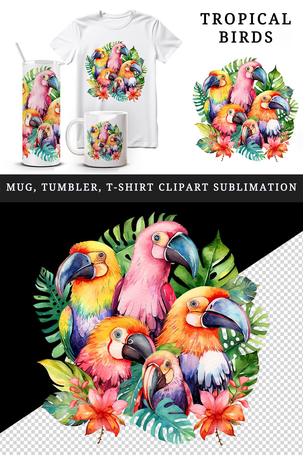 Tropical birds tumbler, mug wrap, clipart sublimation design