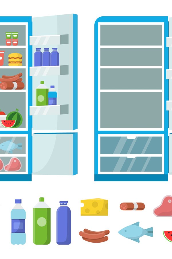 Flat fridge vector. Full and empty refrigerator in the kitch