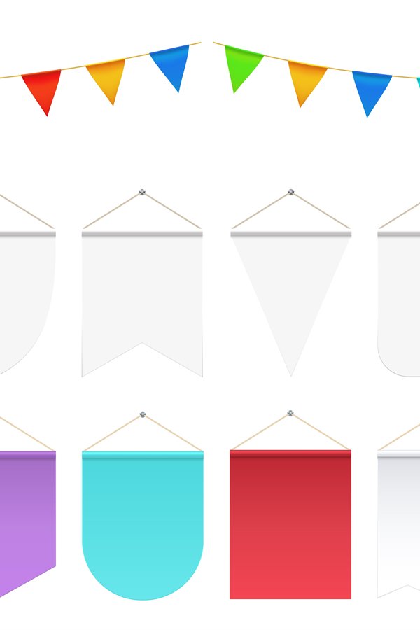 Realistic hanging flags. White pennant mockup, festival part