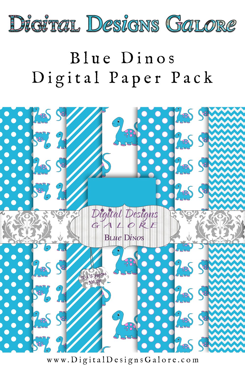Blue Dinos Digital Paper Pack | 8 Digital Craft Papers