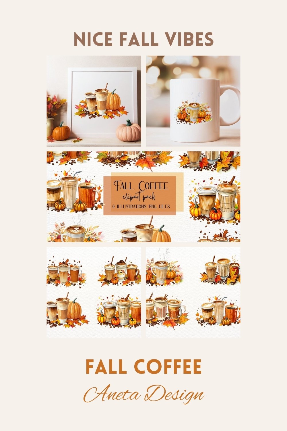 Fall Coffee Watercolor Clipart, Pumpkin Spice Coffee Clipart