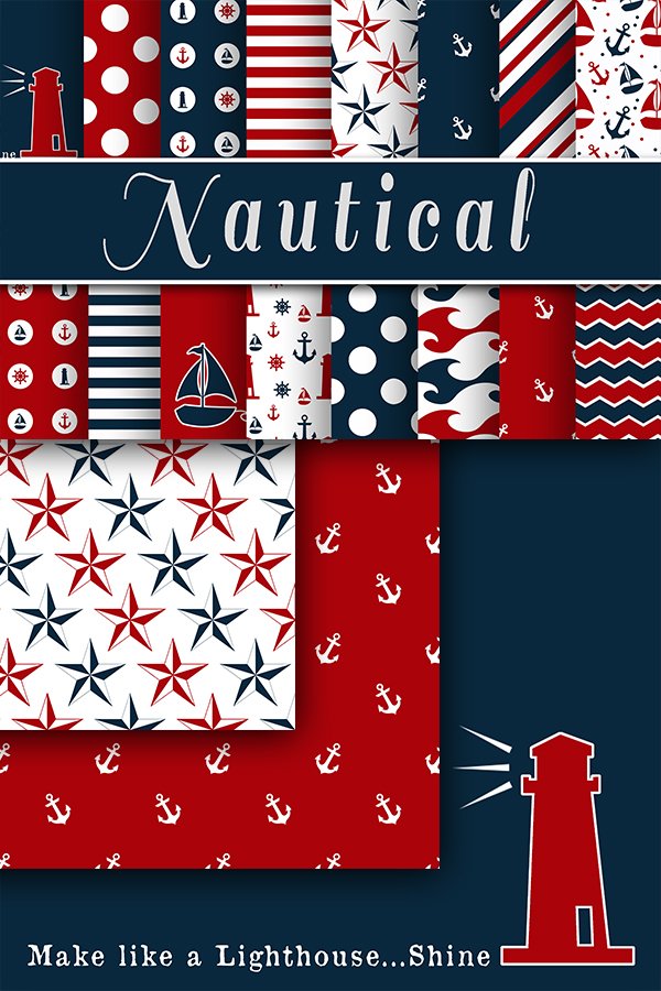 Red and Navy Blue Nautical Designs Digital Paper