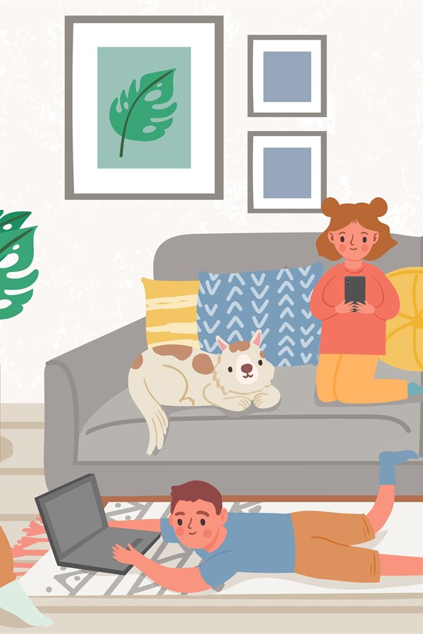 Family with gadgets. Parents and kids at home using smartpho