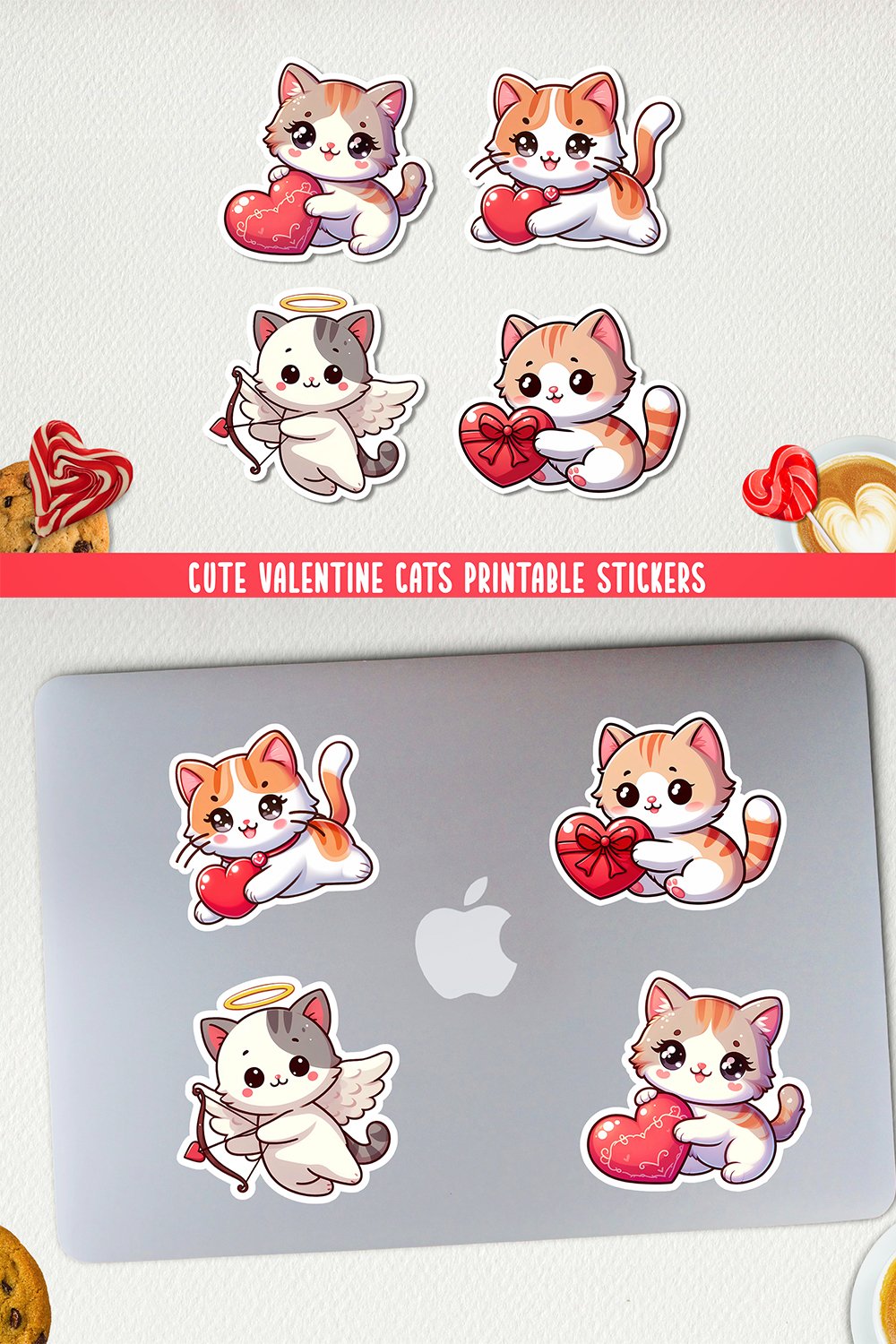 Cute Valentines cat Stickers and Sublimation PNG.