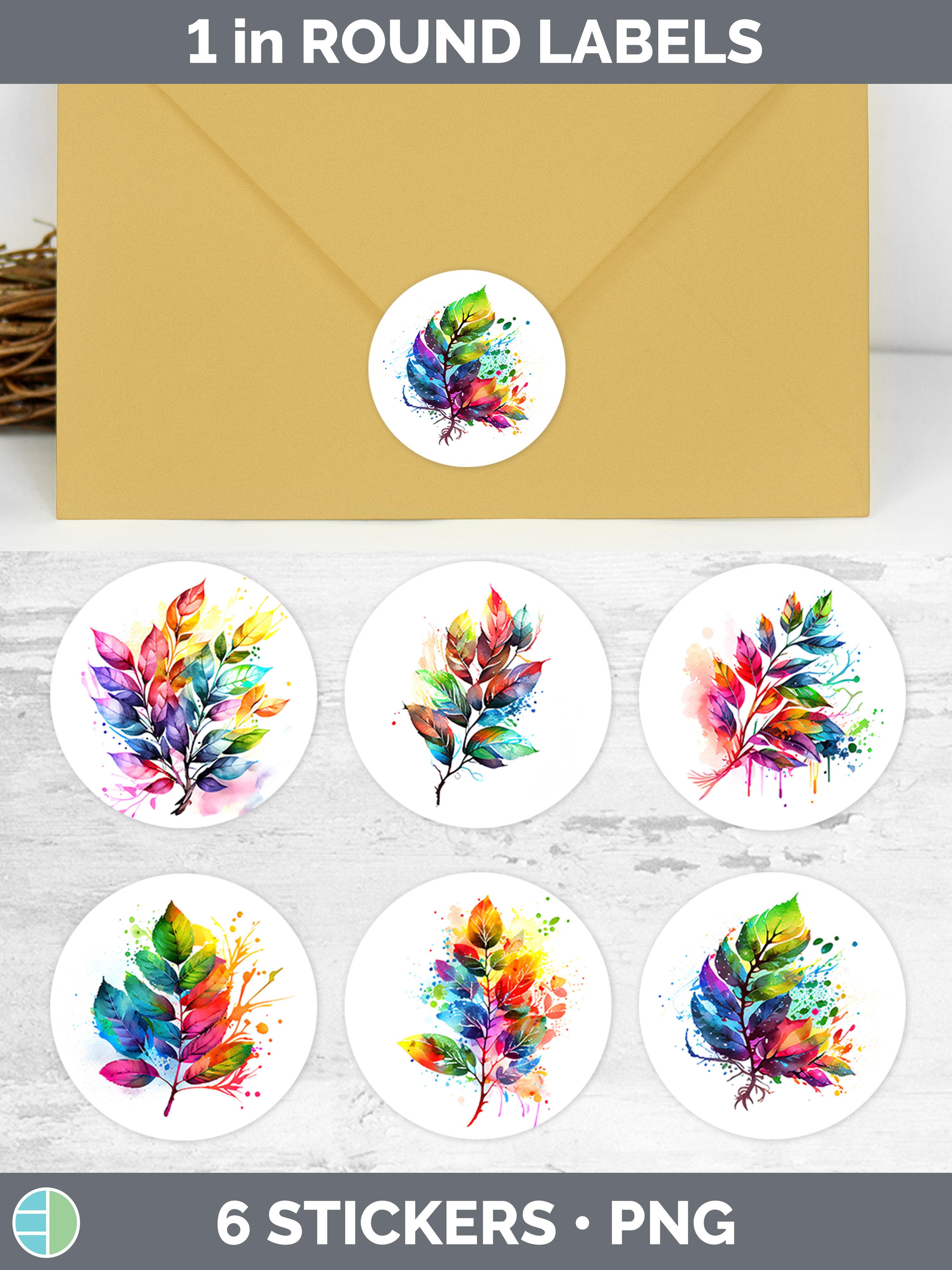Rainbow Elm Leaves Stickers | Round Labels Designs Bundle