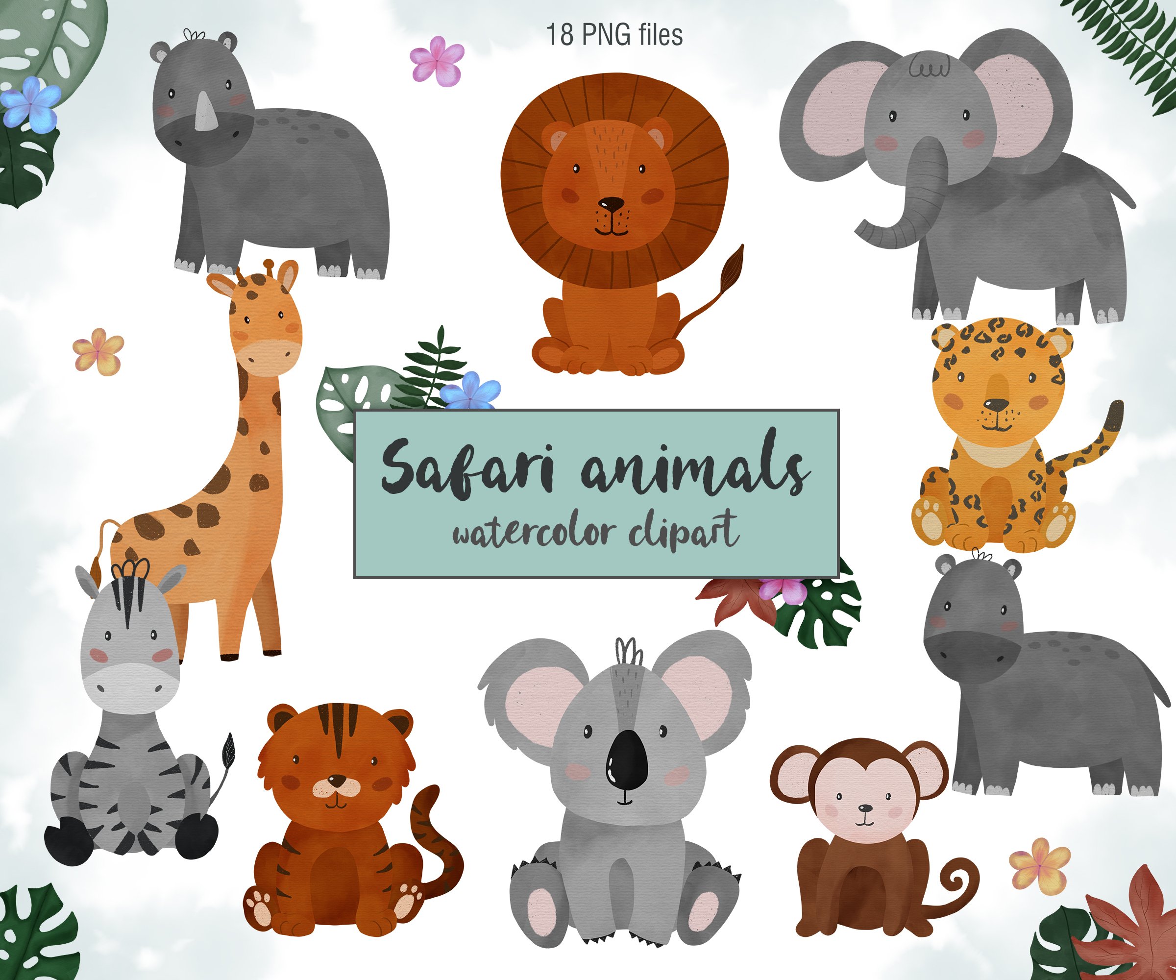 Watercolor safari animals clipart, Baby animals clipart PNG