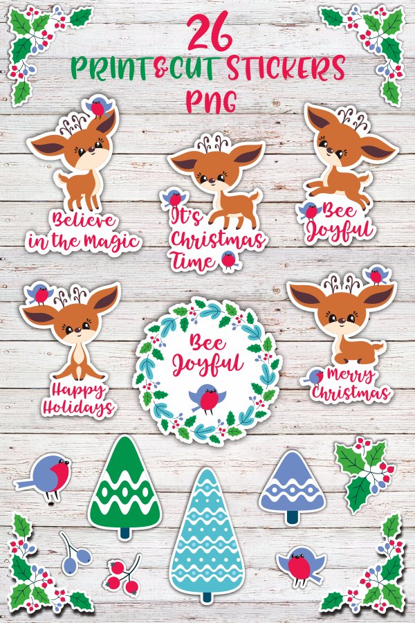 Cute Christmas Deer Printable Stickers PNG