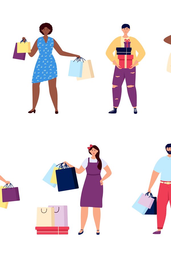 Shopping people. Shop man, person hold gift boxes and bags.