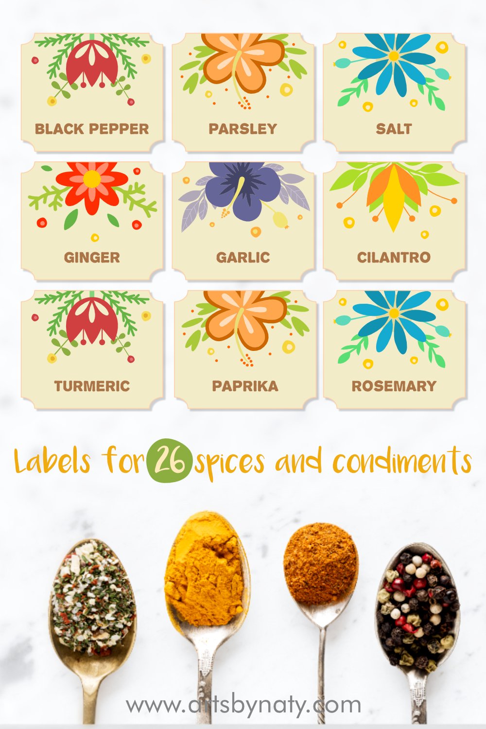 Labels for 26 spices and condiments. Ready to print and use.