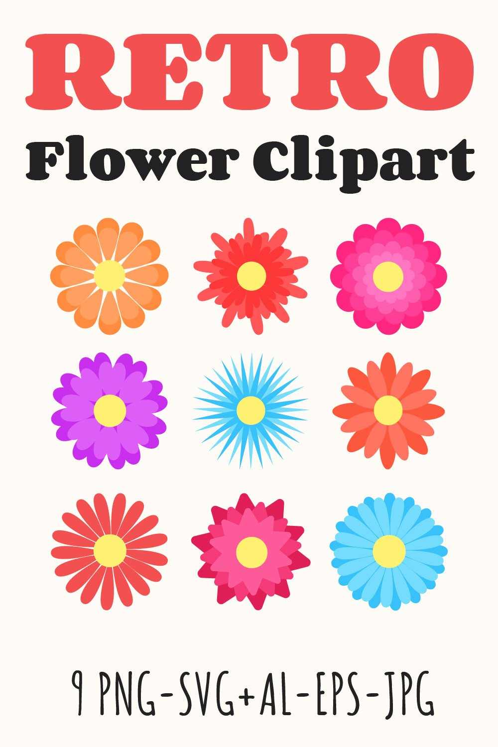 Retro Flower Clipart|Set 9 PNG