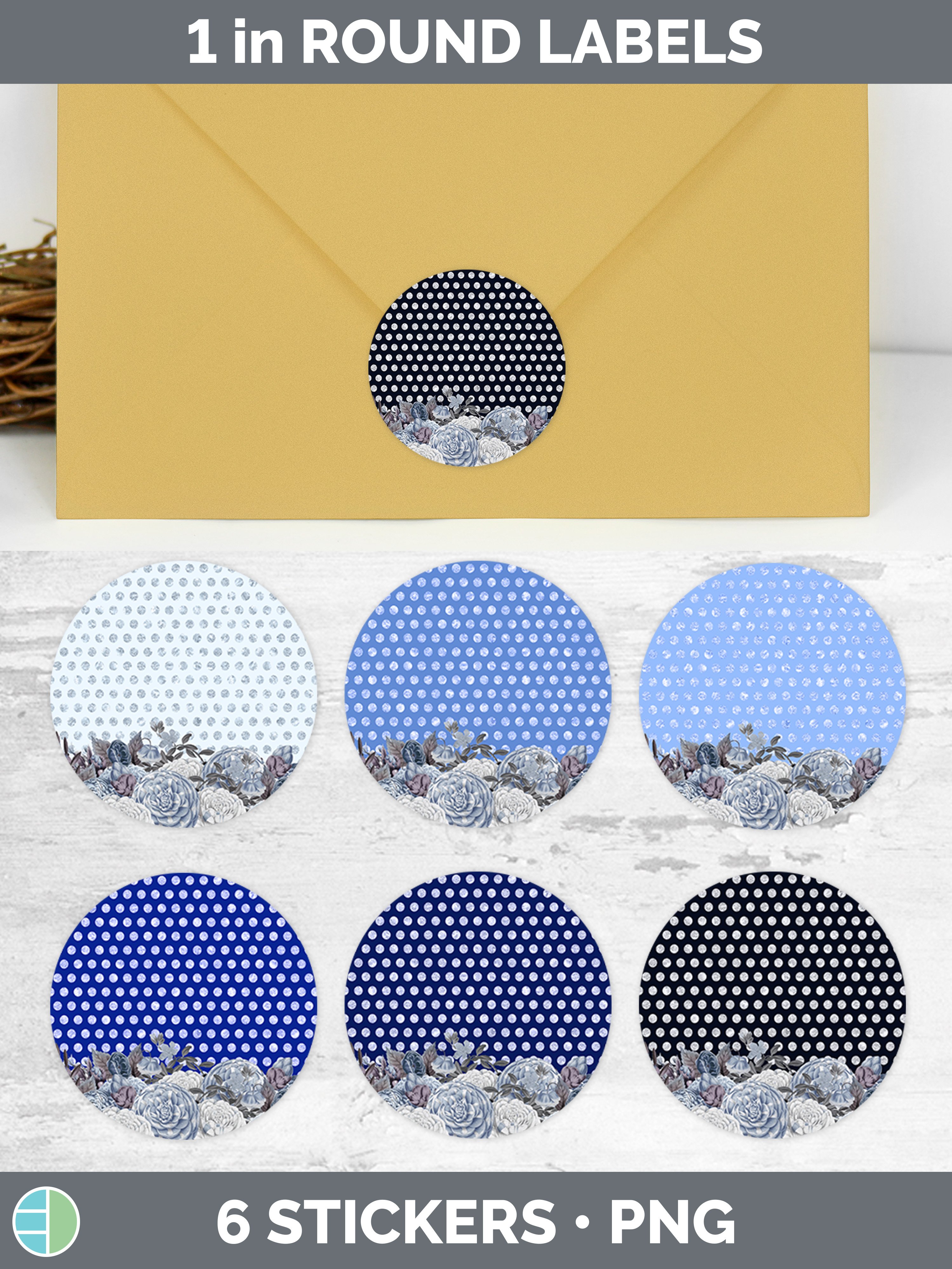 Blue Flower Stickers | Sticker 1in Round Labels PNG Designs