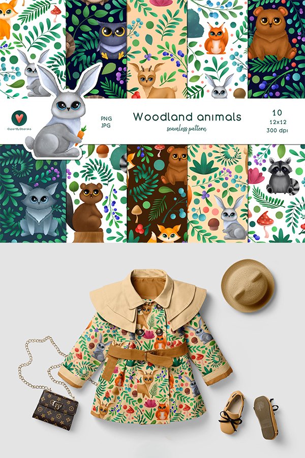 Woodland animal digital paper, Animal seamless pattern