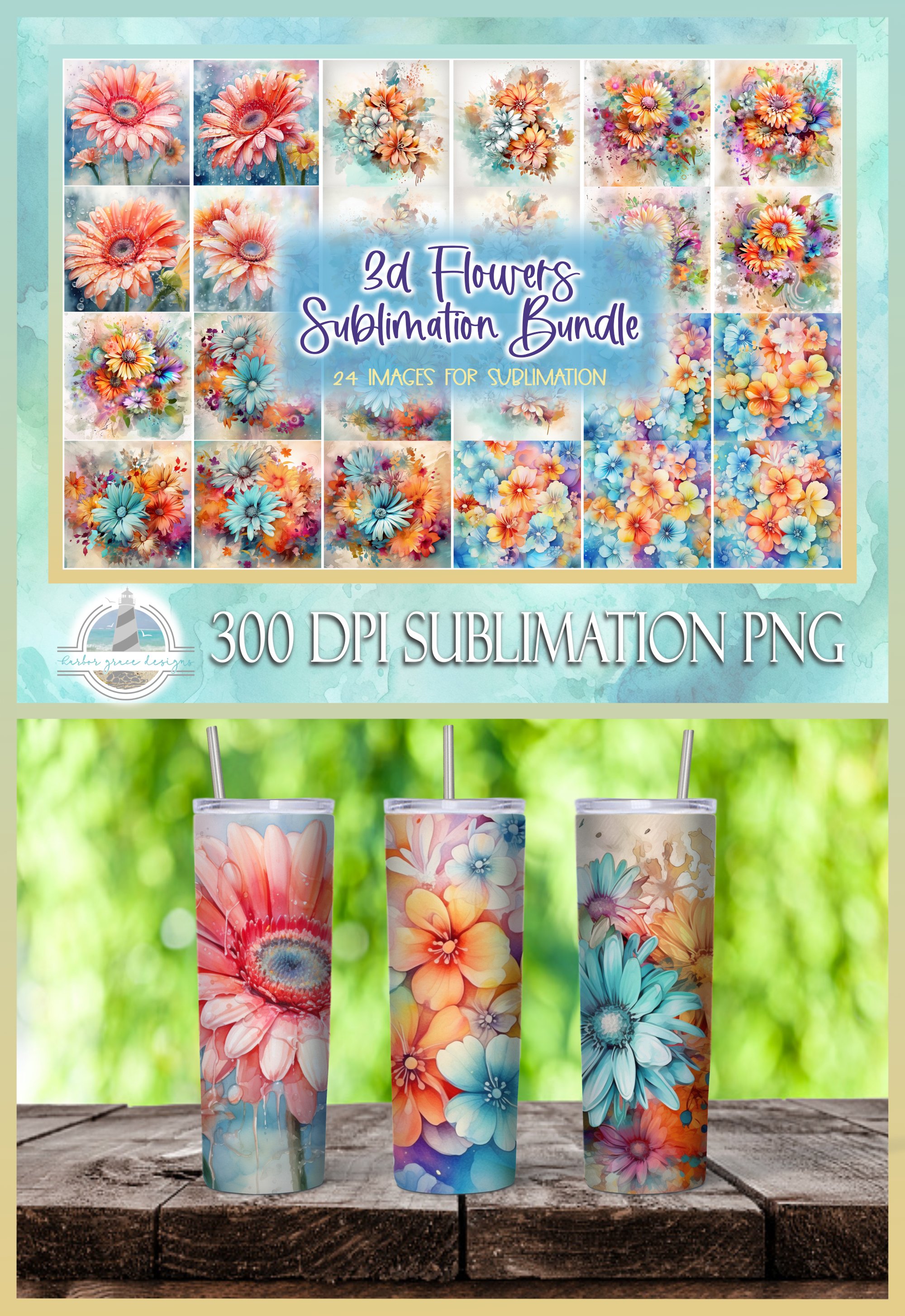 3D Flower Tumbler Wraps - 24 Floral PNG Images Sublimation