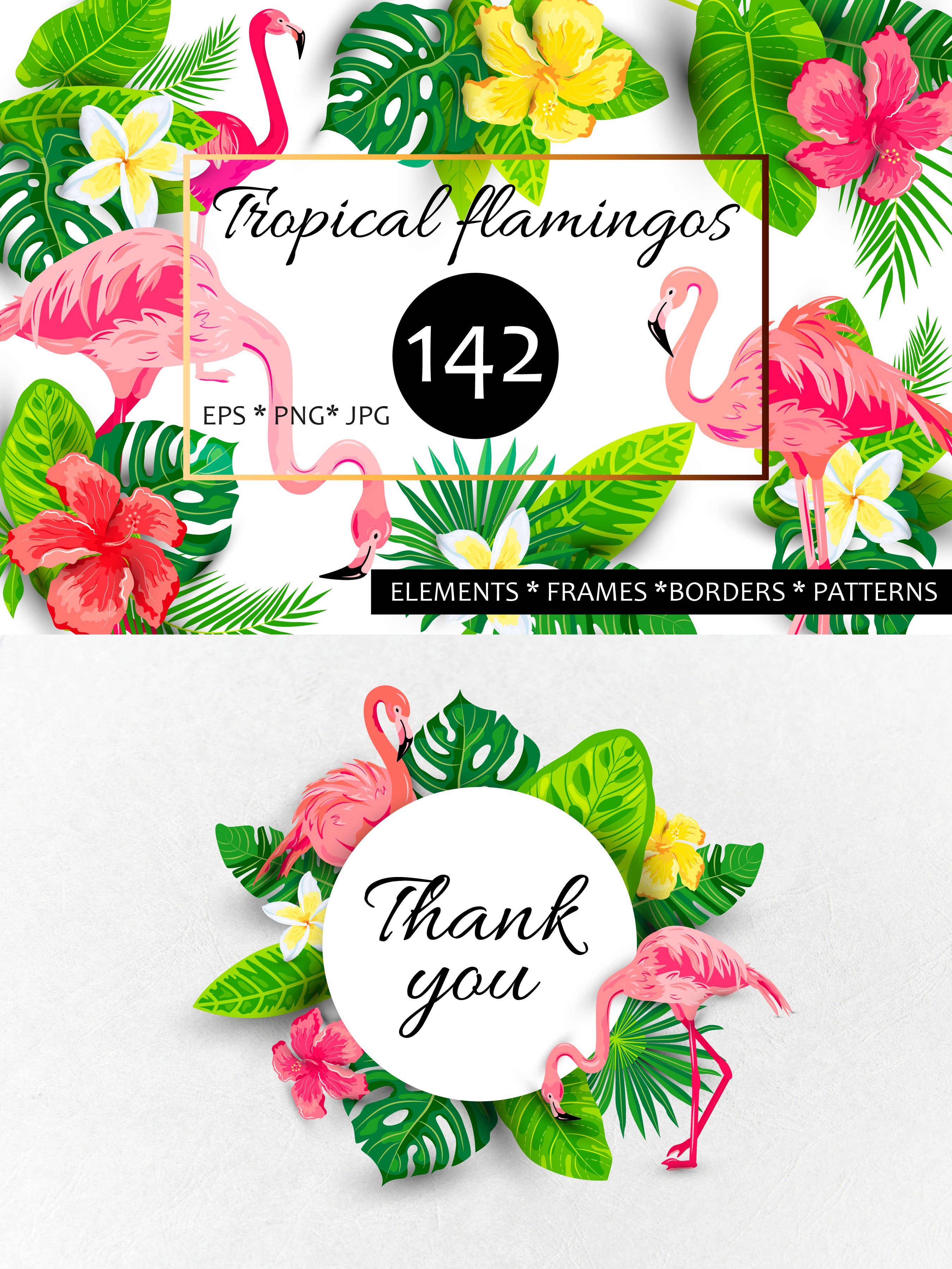 Tropical flamingo vector collection, clipart, frames, papers