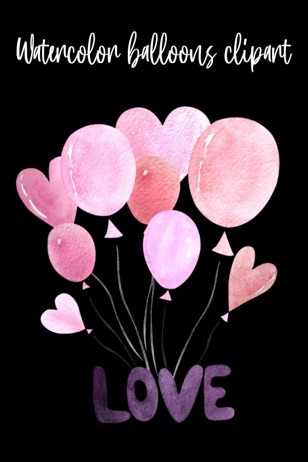 Watercolor balloon clipart. Valentine PNG