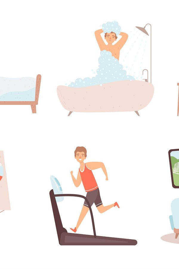 Man daily routine. Businessman work day morning night everyd