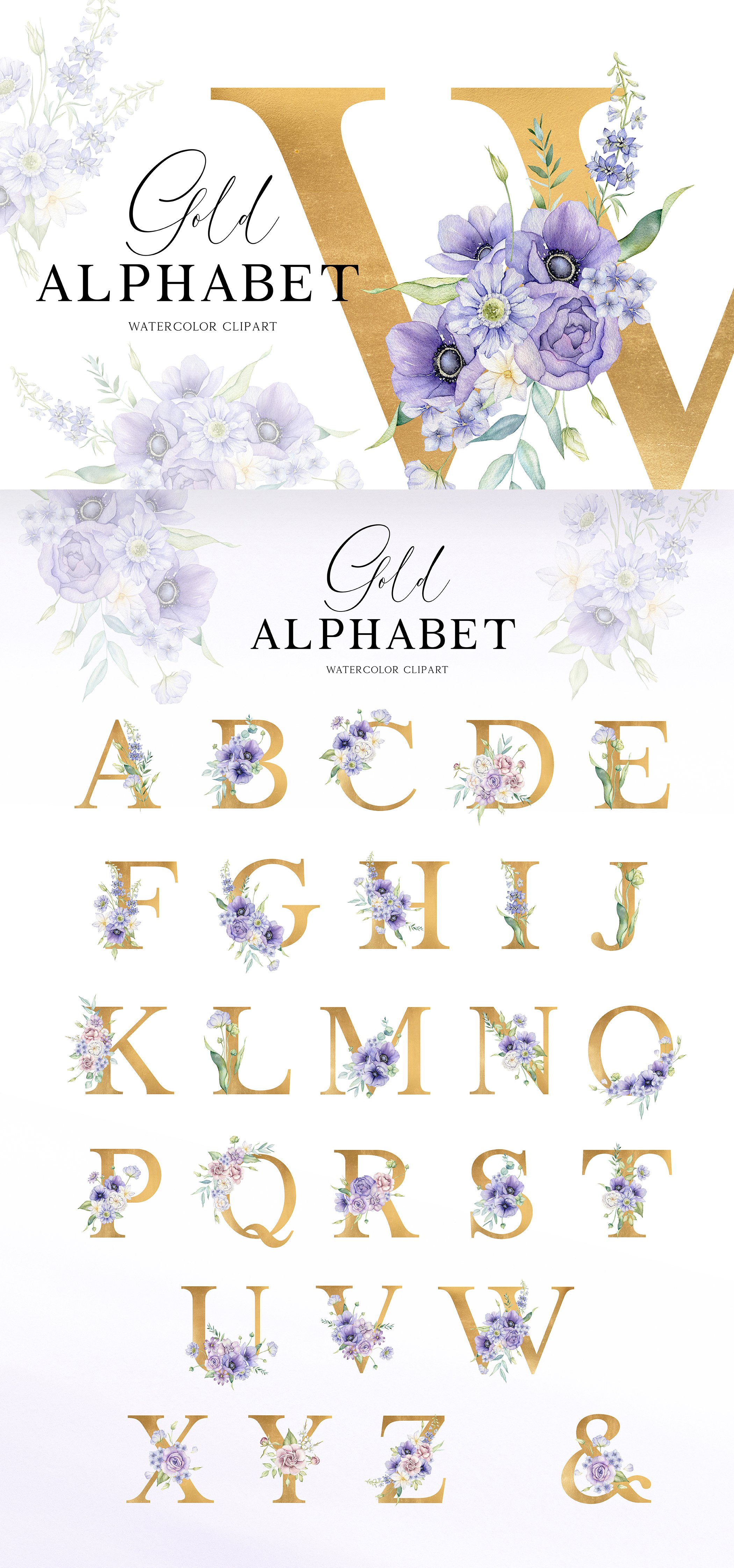 Gold Floral Alphabet - Purple Floral Letters