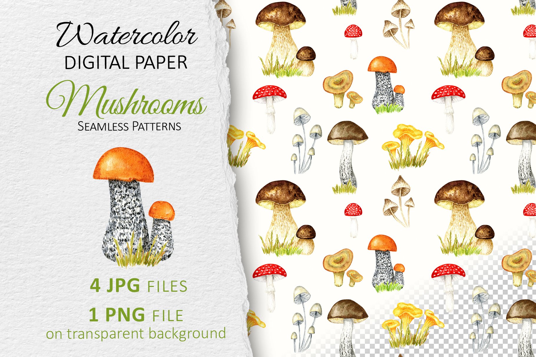Watercolor Mushrooms Autumn Seamless pattern, Fall scrapbook