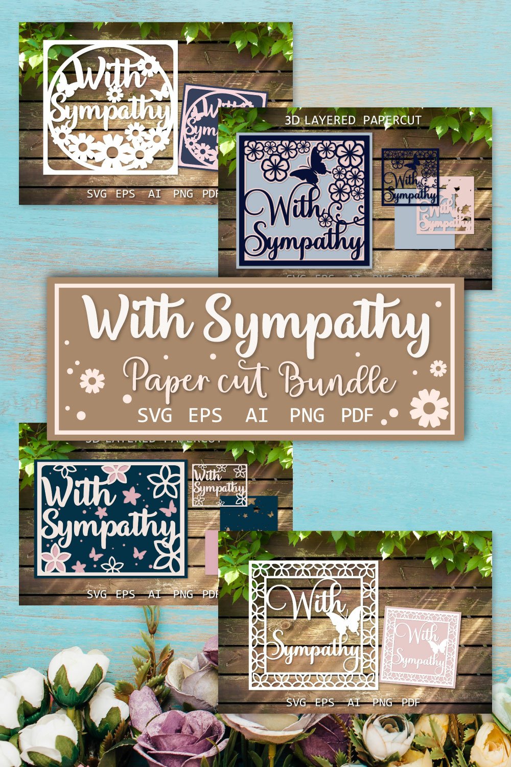With Sympathy Bundle, With Sympathy paper cut cards SVG