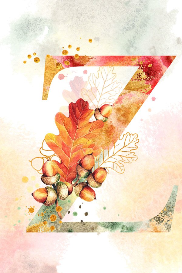 Fall Watercolor Letter, Monogram Z clipart JPG PNG