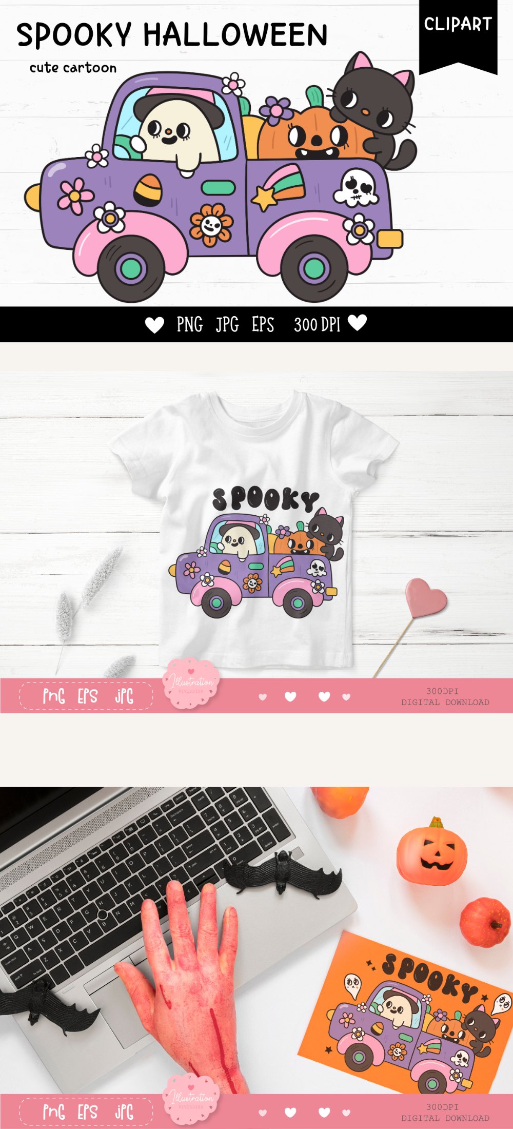 Cute car Halloween groovy kawaii cliparts pumpkin and cat