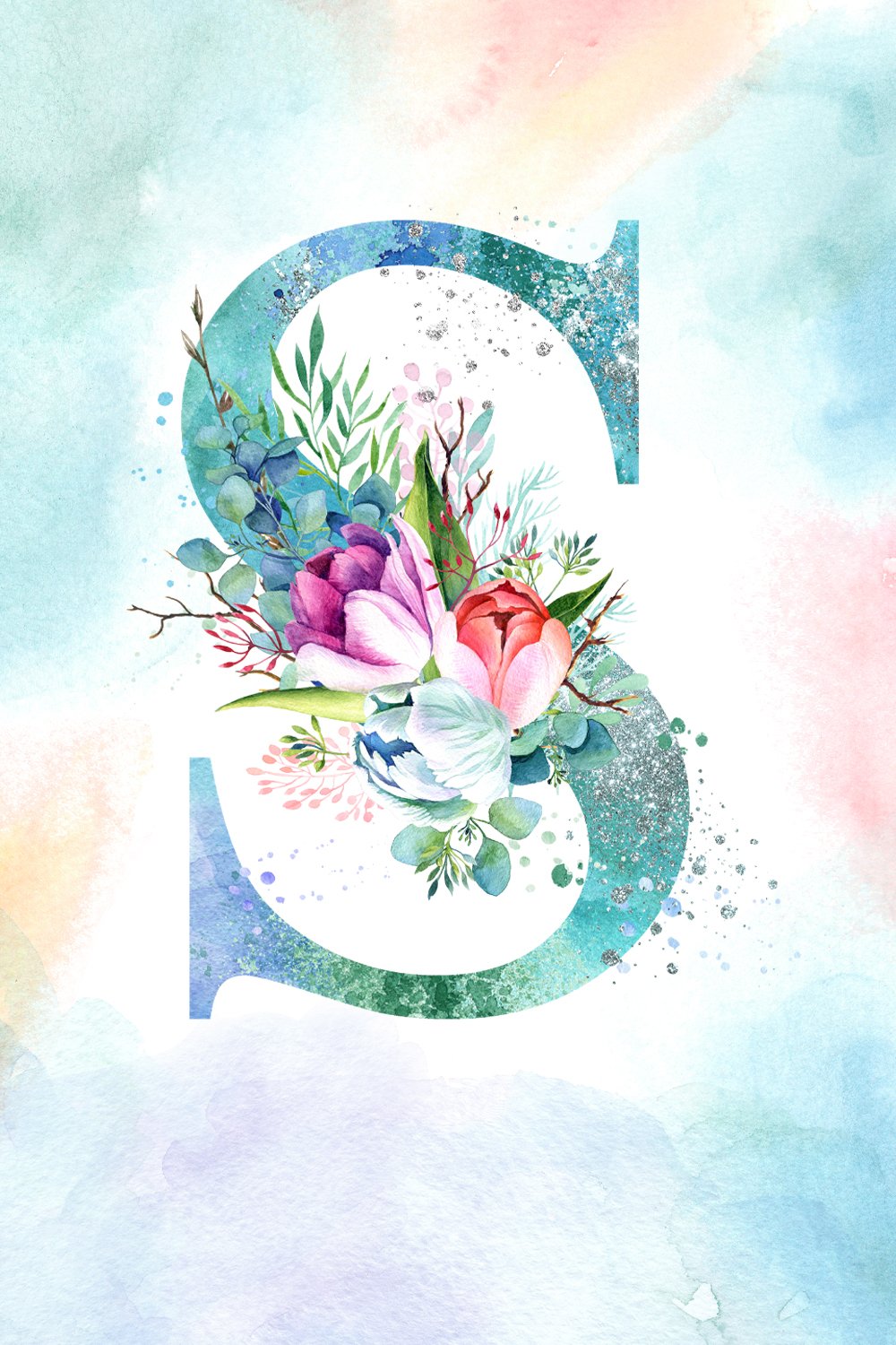 Spring Watercolor Letter. Monogram S. Sublimation Design.